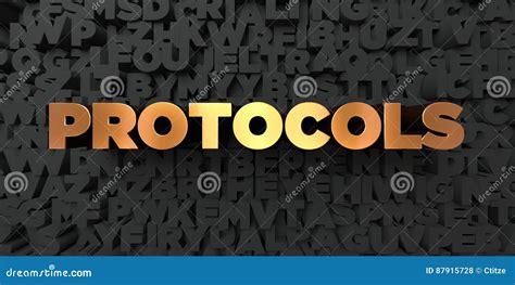Protocols Gold Text On Black Background 3d Rendered Royalty Free Stock Picture Stock