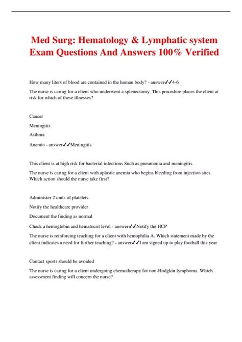 Med Surg Hematology And Lymphatic System Exam Questions And Answers 100
