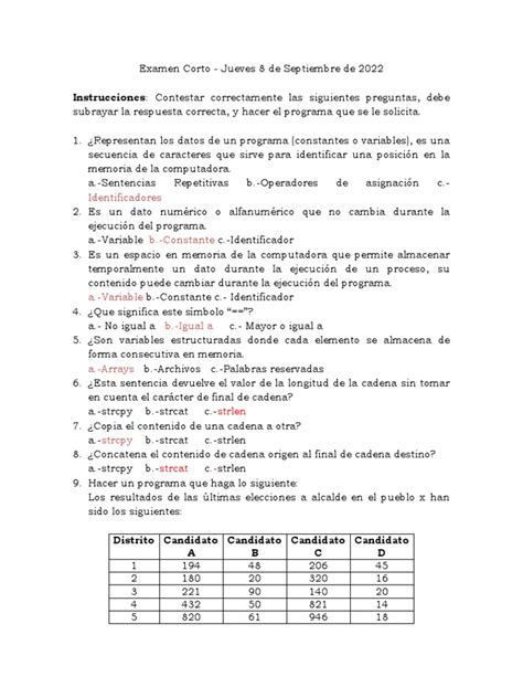 Examen Corto Algoritmos 1 Descargar Gratis Pdf Variable Informática Ingeniería De Software