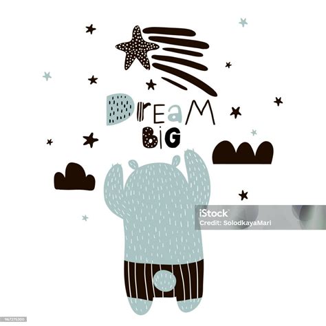 꿈 큰 글자 귀여운 만화 곰 보 스 칸디 나 비아 스타일입니다 보육 아이 들 의류 포스터 엽서에 대 한 유치 한 인쇄 벡터 일러스트 레이 션 0명에 대한 스톡 벡터 아트 및