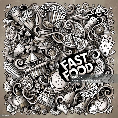 패스트 푸드 손으로 그린 벡터 낙서 그림입니다 패스트 푸드 포스터 디자인입니다 비정상 요소 및 개체 만화 배경입니다 흑백 재미있는 사진입니다 모든 항목은 분리됩니다 3차원