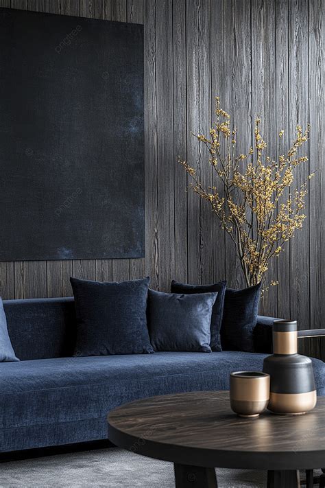 짙은 파란색 소파와 안락의자를 갖춘 짙은 회색의 현대적인 거실 내부 나무 벽 디자인 배경 배경 화면 및 일러스트 무료 다운로드 Pngtree