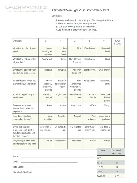 Fillable Online Fitzpatrick Skin Type Assessment Worksheet Fax Email Print Pdffiller