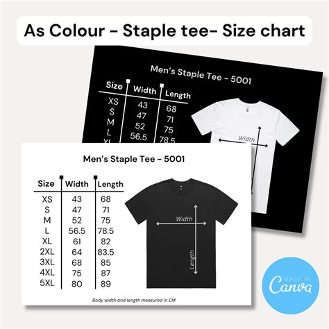 Editable T Shirt Size Chart As Colour 5001 Staple Tee Pdf Etsy