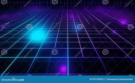 Cyan Blue And Purple Grids Neon Glow Light Lines Design On Perspective Floor Creativity