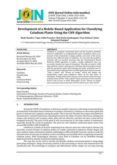 Pdf Development Of A Mobile Based Application For Classifying Caladium Plants Using The Cnn