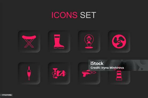 낚시용 스피닝 릴 낚시 부츠 캠핑 접이식 의자 작살 선외 보트 모터 등대 위치 및 플로트 아이콘을 설정합니다 벡터 고무에 대한 스톡 벡터 아트 및 기타 이미지 Istock