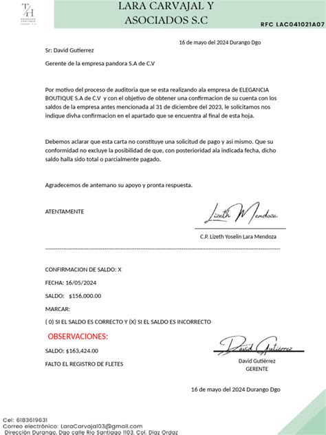 Carta De Confirmacion Proveedores Pdf
