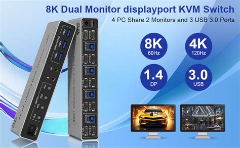 8k 60hz Displayport Usb 3 0 Kvm Switch 2 Monitors For 4 Computers 8k 60hz 4k 144hz Dp1 4 Dual