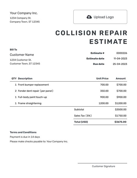 Free Collision Repair Estimate Template