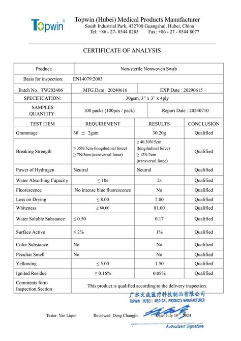 Coa Certificate Of Analysis For Spunlace Non Woven Process Swab Bp 4 X 4 Cotton Class I
