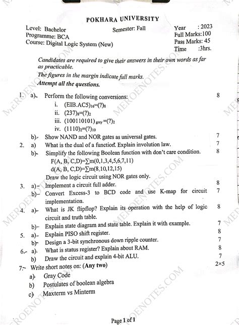 Pu Bca 1st Sem Digital Logic System Question Paper Mero Enotes