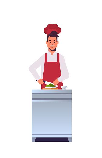 남성 전문 요리사 요리사 조각 보드 남자 레스토랑 노동자에 신선한 야채를 잘라 균일 한 준비 샐러드 요리 음식 개념 평면 전체 길이 수직 가공의 인물에 대한 스톡 벡터 아트