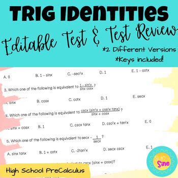 Trig Identities Editable Test Test Review By Sun Sine TPT