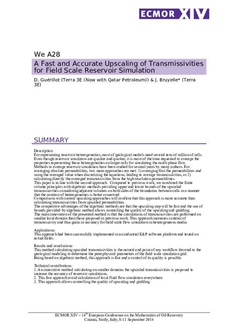 Pdf A Fast And Accurate Upscaling Of Transmissivities For Field Scale Reservoir Simulation