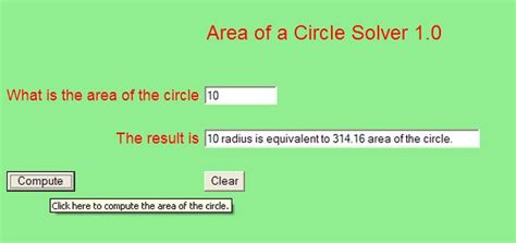 Free Programming Source Codes And Computer Programming Tutorials Area Of The Circle Solver In