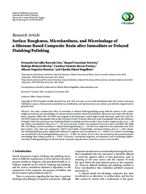 Pdf Surface Roughness Microhardness And Microleakage Of A Silorane