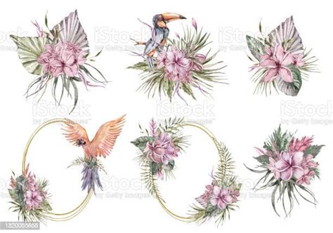 수채화 손은 열대 정글 꽃과 금색 꽃다발과 타원형 프레임의 세트를 흰색에 새잎 결혼식 기념일 생일 초대장에 대한 손으로 그린