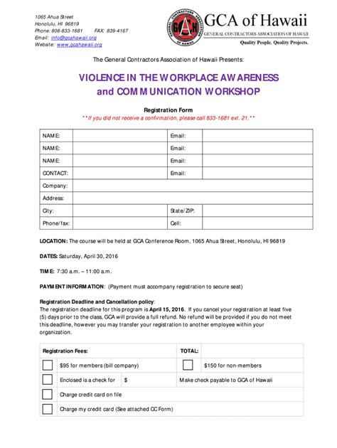 Fillable Online Gcahawaii Violence In The Workplace Awareness And
