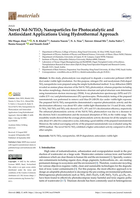 Pdf Novel Nd N Tio2 Nanoparticles For Photocatalytic And Antioxidant Applications Using