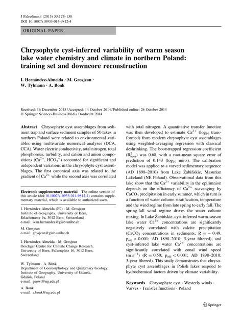 Pdf Chrysophyte Cyst Inferred Variability Of Warm Season Lake Water Chemistry And Climate In