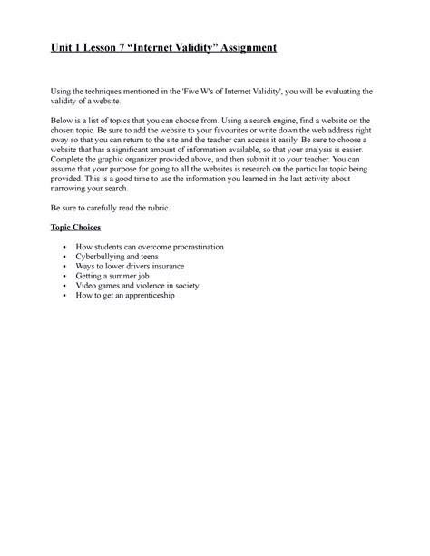 internet validity activity unit 1 lesson 7 “internet validity