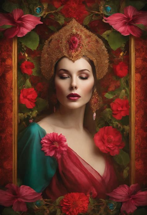 붉은 드레스와 금모자를 쓴 여성의 아라페드 초상화 Seaart Ai