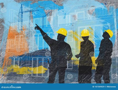 Engineers Working On A Building Site Holding A Blueprints Stock