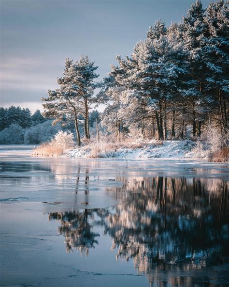 Natural Winter Scene With Snow Filled Landscape Featuring Frozen Lake
