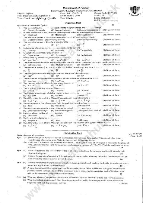 Phy 402 Electricity And Magnetism Ii Bs Physics Gcuf Past Paper Spring