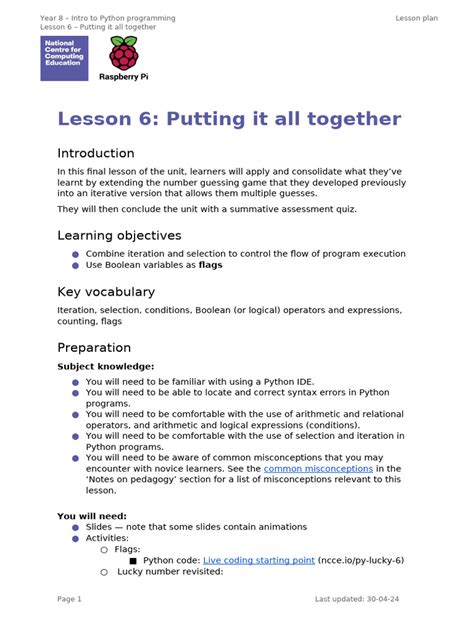L6 Lesson Plan Intro To Python Programming Y8 Pdf Python