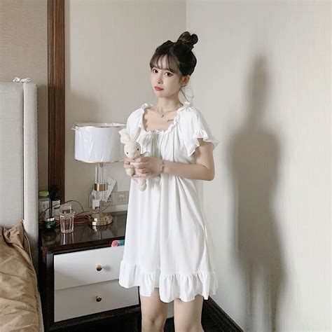 나이트 드레스 여성 여름 귀여운 반팔 코튼 달콤한 공주 스타일 흰색 레이스 잠옷 얇은 홈웨어 투피스 세트 Aliexpress