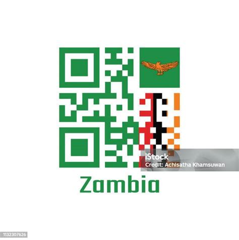 Qr 코드는 잠비아 국기의 색상을 설정 합니다 빨간색 검은 색과 주황색의 직사각형 블록을 통해 비행에 주황색 독수리와 녹색 필드 0명에 대한 스톡 벡터 아트 및 기타 이미지