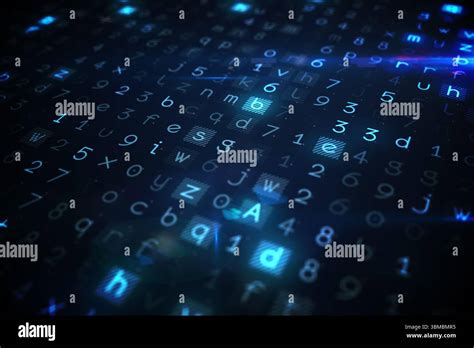Glowing Alphanumeric Characters Are Floating On 3d Render Digital Grid With Light Streaks Stock