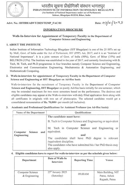 Cse Assistant Professor Job At Indian Institute Of Information Technology Bhagalpur Walk In