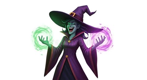 Laughing Witch Casting Magic With Green And Purple Energy Stock