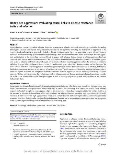 Honey Bee Aggression Evaluating Causal Links To Disease Resistance