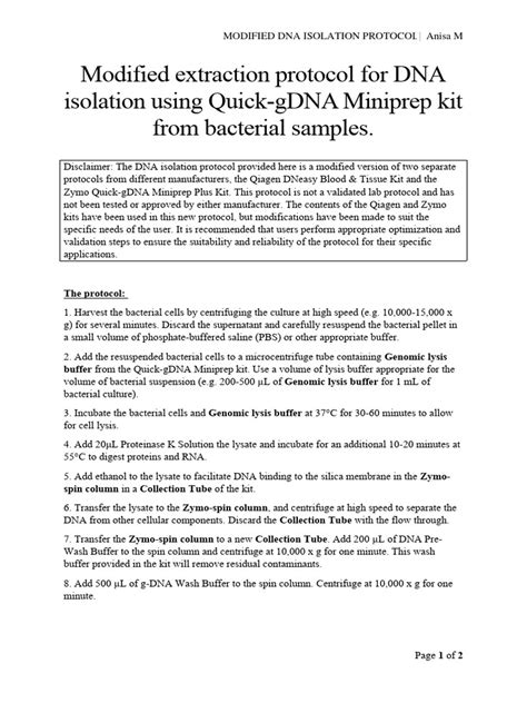 Modified Dna Extraction Protocol Pdf Laboratories Biotechnology