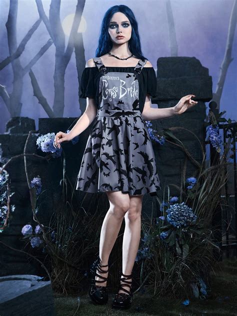 Corpse Bride Romwe Birds Print Overall Dress Without Tee Shein Uk