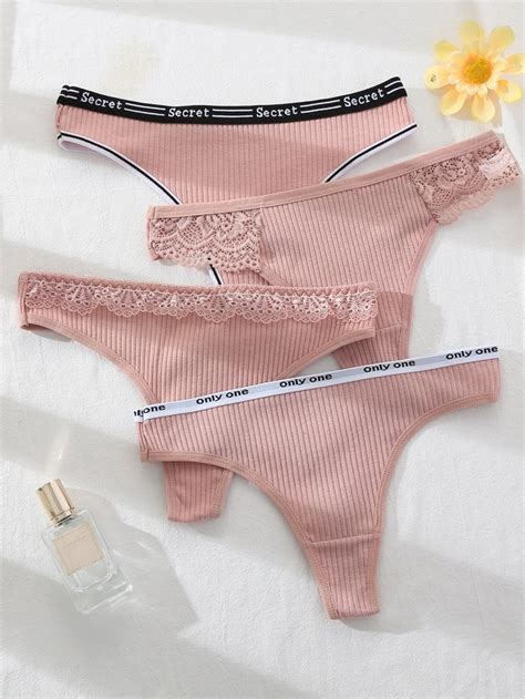 4 Pack Rib Contrast Lace Panty Set