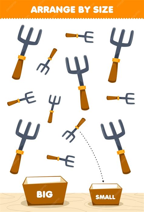 아이들을 위한 교육 게임은 크거나 작은 크기로 정렬하여 귀여운 만화 포크 그림 인쇄용 도구 워크시트 상자에 넣습니다 프리미엄 벡터