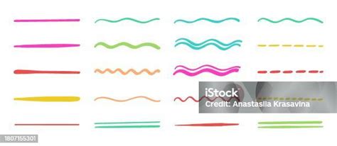 취소선 다중 색상 밑줄 모음입니다 다른 낙서 다채로운 점선과 물결 모양의 선 가로 손으로 그린 마커 줄무늬 브러시 스트로크 곡선에 대한 스톡 벡터 아트 및 기타 이미지