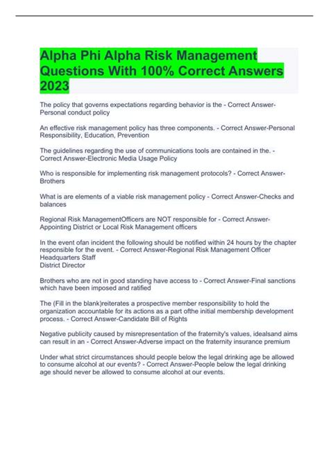 Alpha Phi Alpha Risk Management Questions With Correct Answers Alpha Phi Alpha