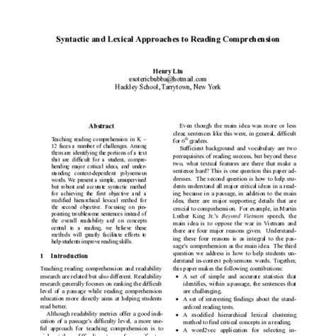 Syntactic And Lexical Approaches To Reading Comprehension Acl Anthology