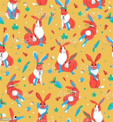 당근과 꽃 배경이있는 토끼 매끄러운 벡터 패턴 벽지 또는 직물 및 섬유 포장지에 적합합니다 개화기에 대한 스톡 벡터 아트 및