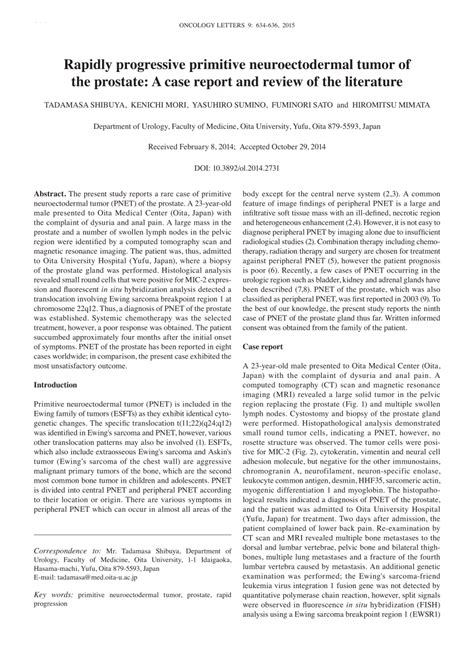Pdf Rapidly Progressive Primitive Neuroectodermal Tumor Of The Prostate A Case Report And