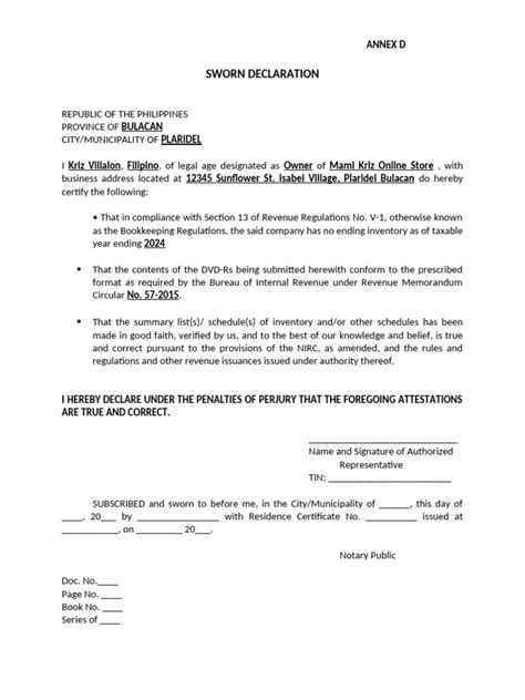 Sworn Declaration Inventory No Inventory Pdf