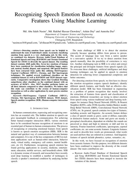 Pdf Recognizing Speech Emotion Based On Acoustic Features Using Machine Learning