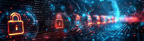 Abstract Digital Security Concept With Glowing Lock Icons Binary Code