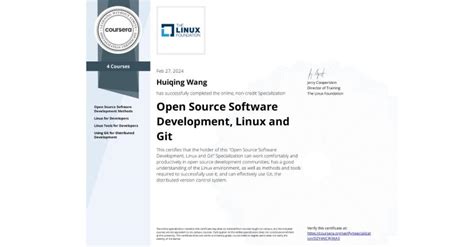 Completion Certificate For Open Source Software Development Linux And Git Huiqing Wang